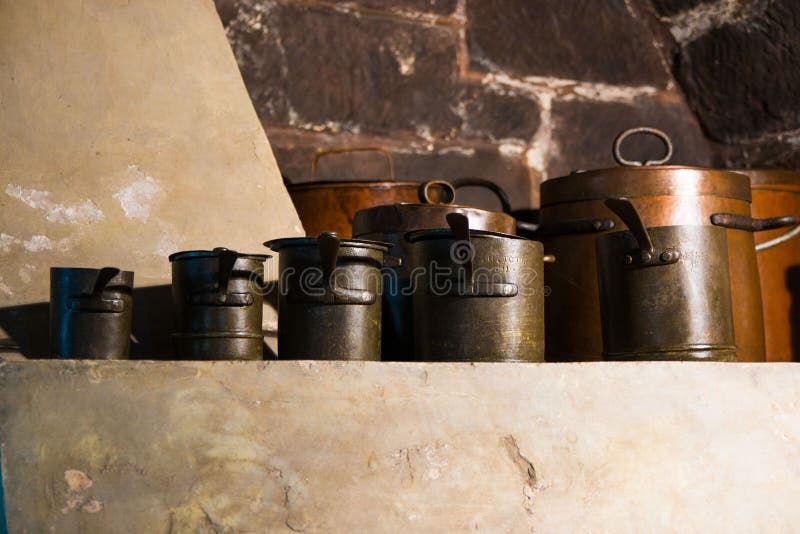 Old Set of Old Pans in Medieval Kitchen Stock Image - Image of metal ...