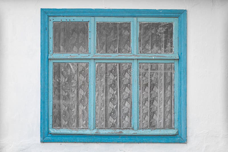 Old Shabby Blue Wooden Window on a White Brick Wall Stock Photo - Image ...