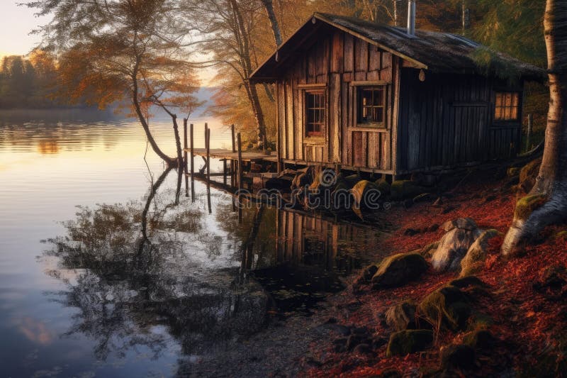 Old Shack by the Lake. Generative AI Stock Illustration - Illustration ...
