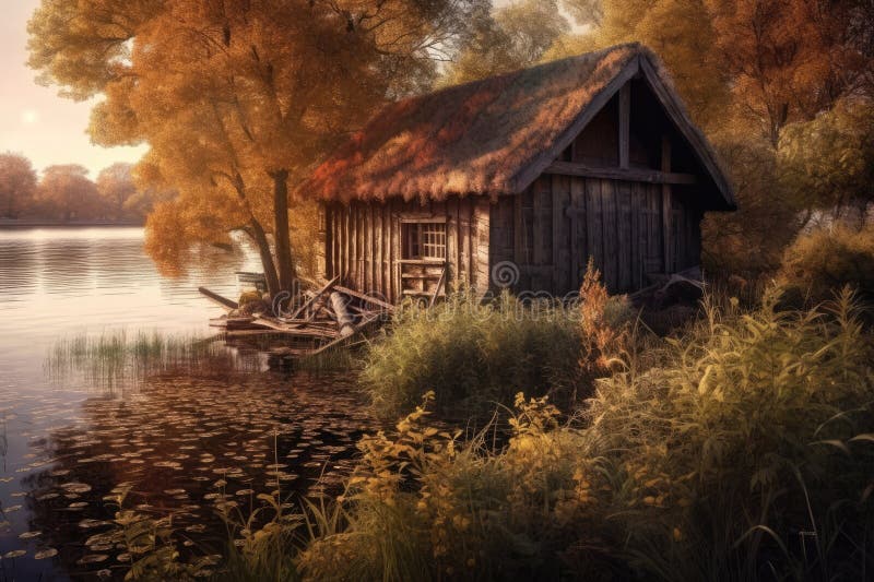 Old Shack by the Lake. Generative AI Stock Illustration - Illustration ...