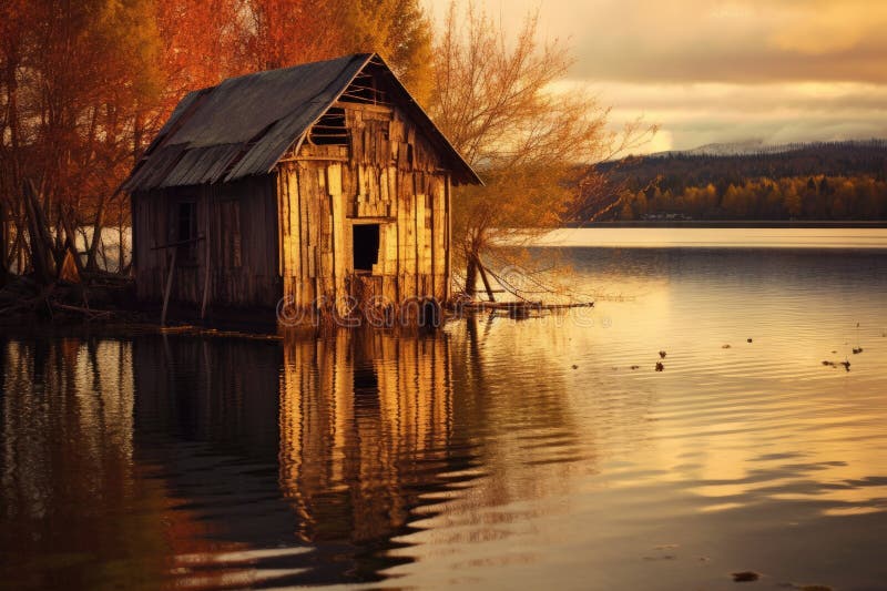 Old Shack by the Lake. Generative AI Stock Illustration - Illustration of forest, beautiful ...