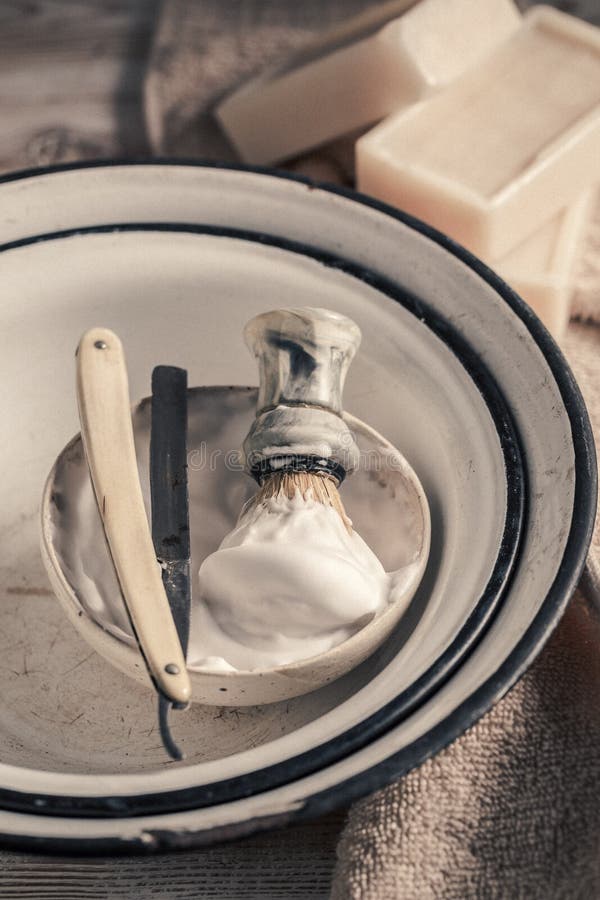 Old Shave Tools with Brush, Razor, Soap Stock Image - Image of hair ...