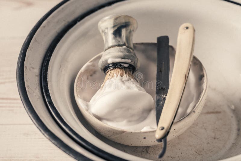 Old Shaving Set. Sharp Razor, Soap and Brush Stock Image - Image of ...