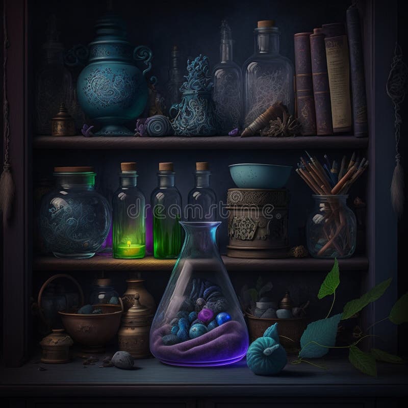 An Old Shelf with Magic Objects, Potions and Some Magical Books on it ...