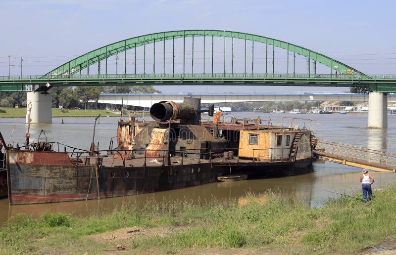 Old ship and bridge stock photo. Image of river, ship - 49574676