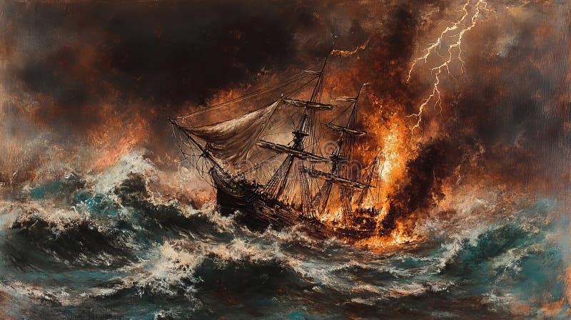 An Old Ship Clashes with a Raging Sea, Illuminated by a Lightning Bolt ...