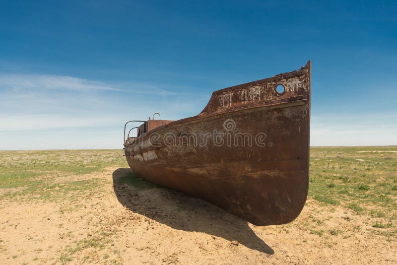 An Old Ship on Land. at the Bottom of the Dried Aral Sea Stock Image ...