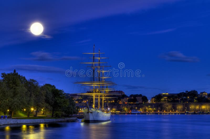 Old ship in moonlight. stock image. Image of transport - 21077453