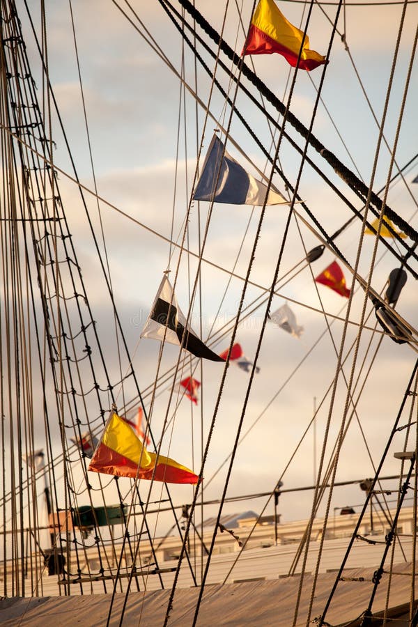 Sailing Vessel Rigging Close Up with Flags Stock Photo - Image of ...