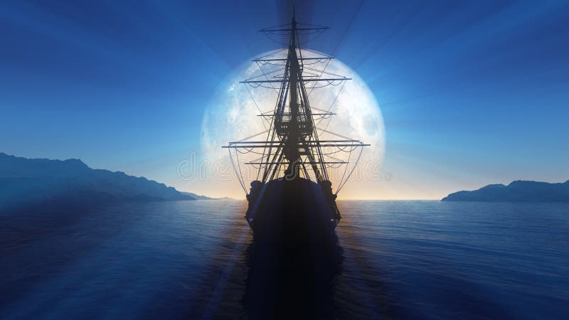 Old Ship in Sea Full Moon Illustration Stock Illustration ...