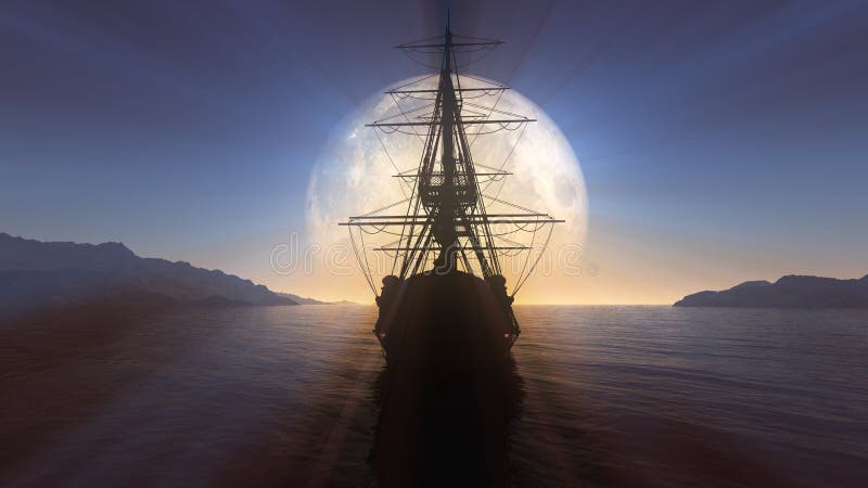 Old Ship in Sea Full Moon Illustration Stock Illustration ...