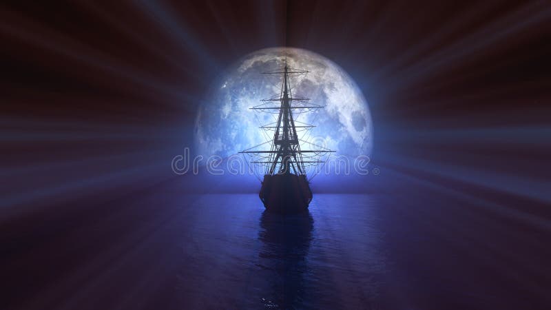 Old Ship in Sea Full Moon Illustration Stock Illustration ...