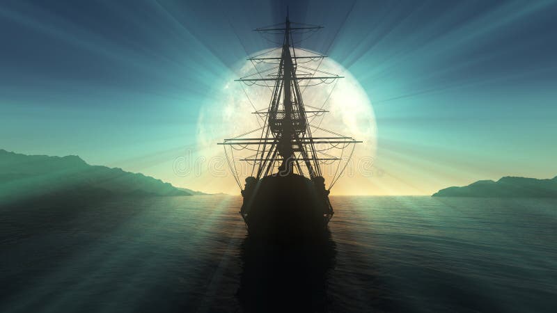 Old Ship in Sea Full Moon Illustration Stock Illustration ...