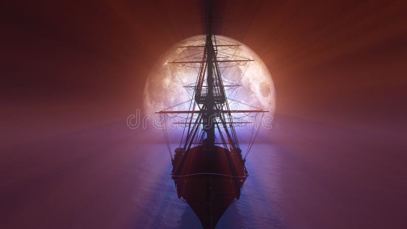 Old Ship in Sea Full Moon Illustration Stock Illustration ...
