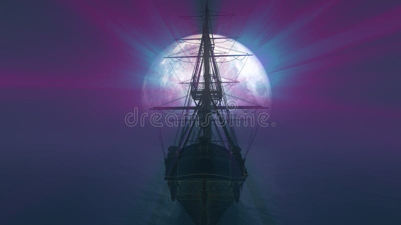 Old Ship in Sea Full Moon Illustration Stock Illustration ...