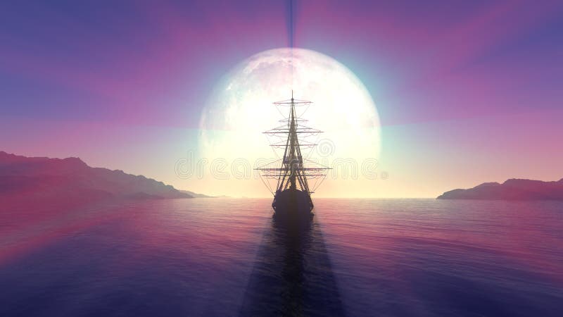 Old Ship in Sea Full Moon Illustration Stock Illustration ...