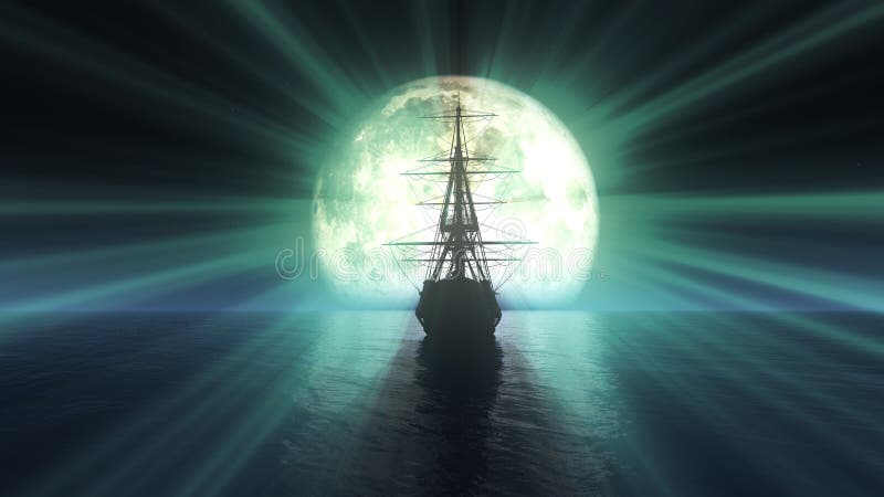 Old Ship in Sea Full Moon Illustration Stock Illustration ...