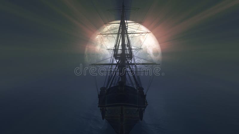 Old Ship in Sea Full Moon Illustration Stock Illustration ...