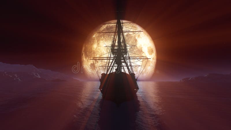 Old Ship in Sea Full Moon Illustration Stock Illustration ...