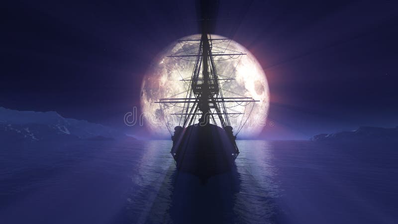 Old Ship in Sea Full Moon Illustration Stock Illustration ...