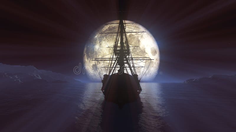 Old Ship in Sea Full Moon Illustration Stock Illustration ...