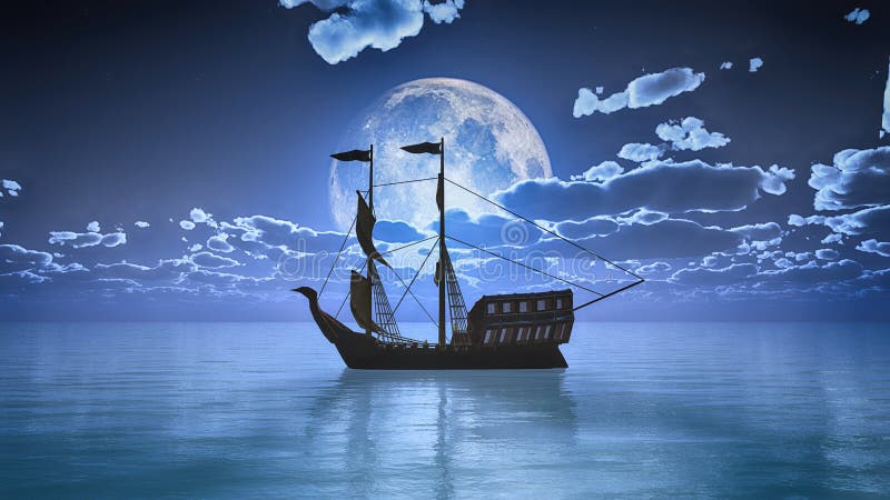 Old ship in sea full moon stock illustration. Illustration of frigate ...