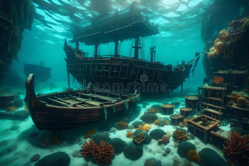 An Old Ship Smashed Under the Sea Surface Stock Illustration ...
