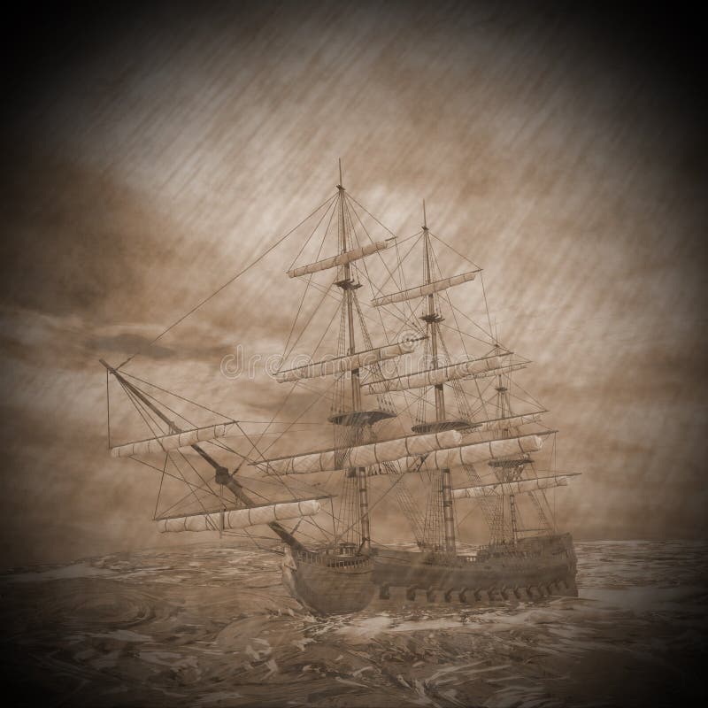 Old Ship in the Storm - 3D Render Stock Illustration - Illustration of ...