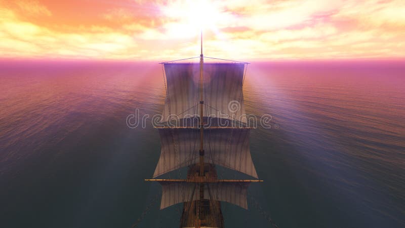Old Ship Sunset at Sea 3d Rendering Stock Illustration - Illustration ...