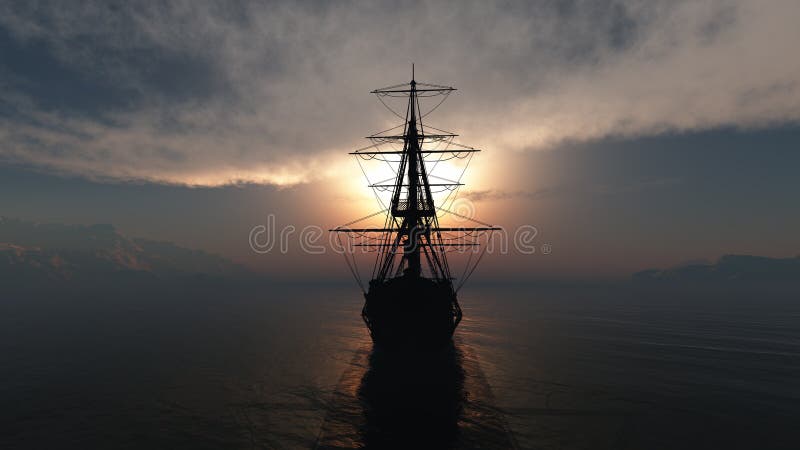 Old Ship Sunset at Sea 3d Rendering Stock Illustration - Illustration ...