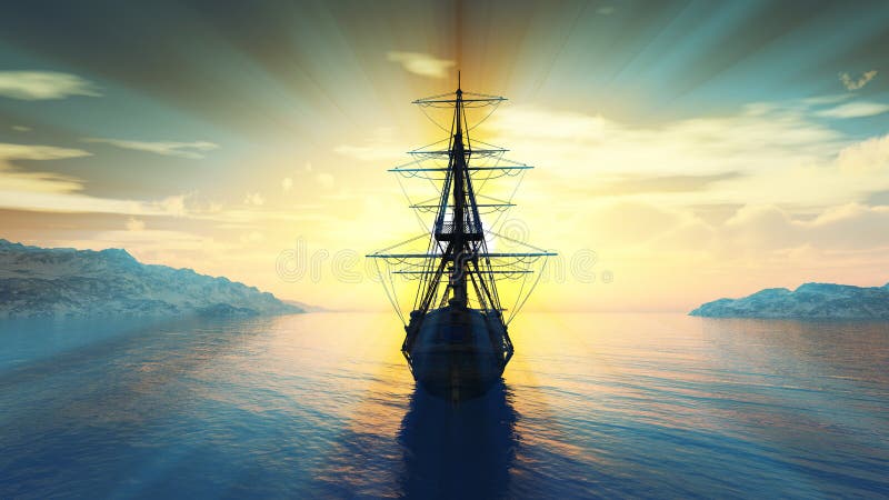 Old Ship Sunset at Sea 3d Rendering Stock Illustration - Illustration ...