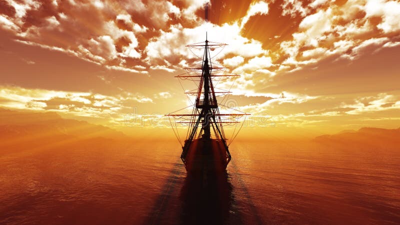 Old Ship Sunset at Sea 3d Rendering Stock Illustration - Illustration ...