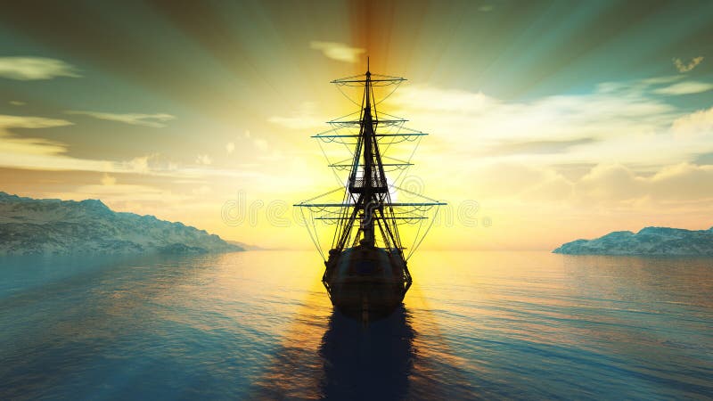 Old Ship Sunset at Sea 3d Rendering Stock Illustration - Illustration ...