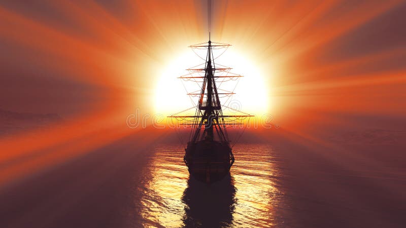 Old Ship Sunset at Sea 3d Rendering Stock Illustration - Illustration ...