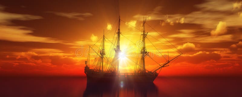 Old Ship Sunset at Sea 3d Rendering Stock Illustration - Illustration ...