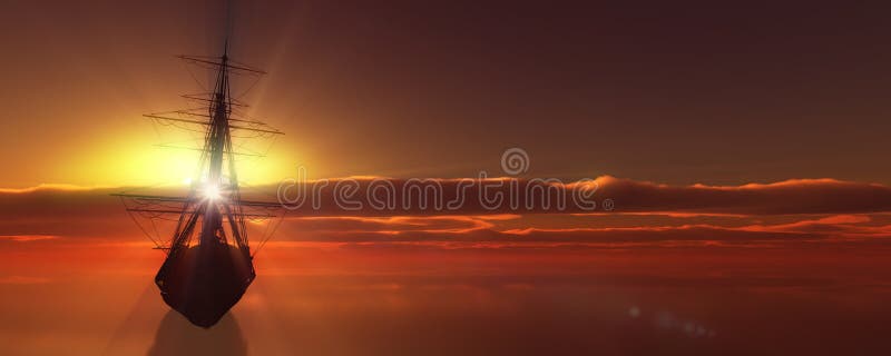 Old Ship Sunset at Sea 3d Rendering Stock Illustration - Illustration ...