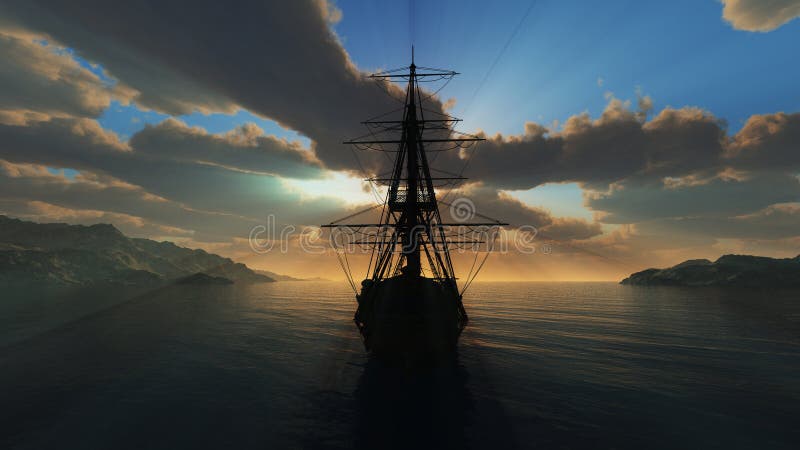 Old Ship Sunset at Sea 3d Rendering Stock Illustration - Illustration ...