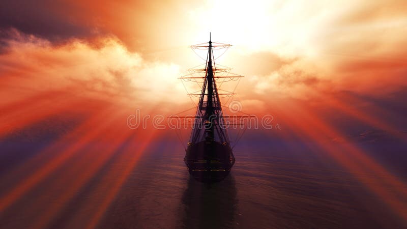 Old Ship Sunset at Sea 3d Rendering Stock Illustration - Illustration ...