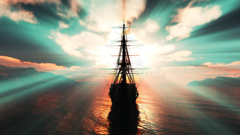 Old Ship Sunset at Sea 3d Rendering Stock Illustration - Illustration ...