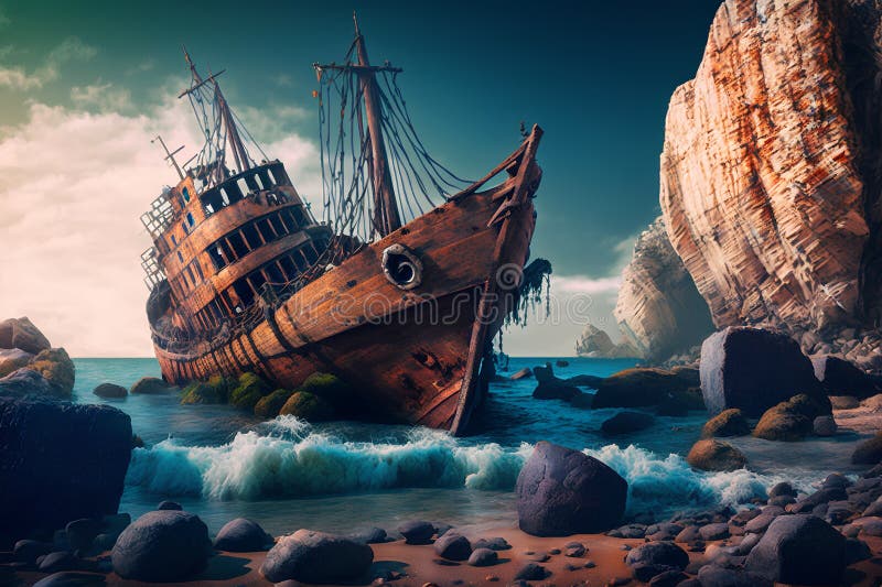 Old Shipwreck on the Beach at Sunset. 3d Illustration Stock ...