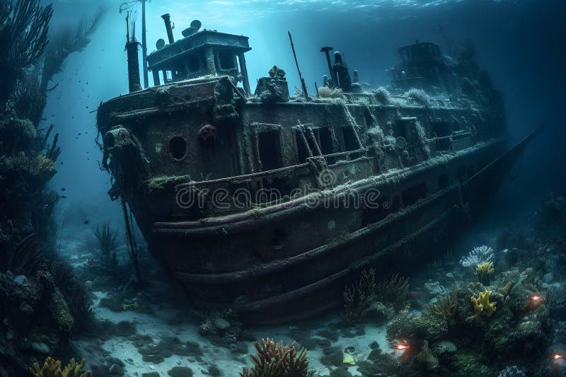 An Old Shipwreck Resting on the Seabed of the Ocean Created with ...