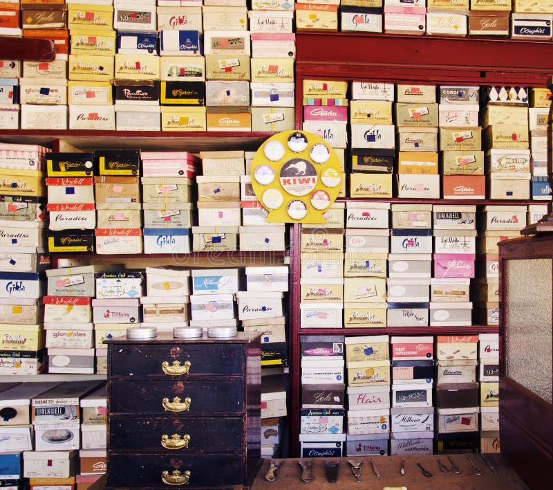 Old Shoe Boxes on Store Shelves, Selective Focus Editorial Stock Image ...