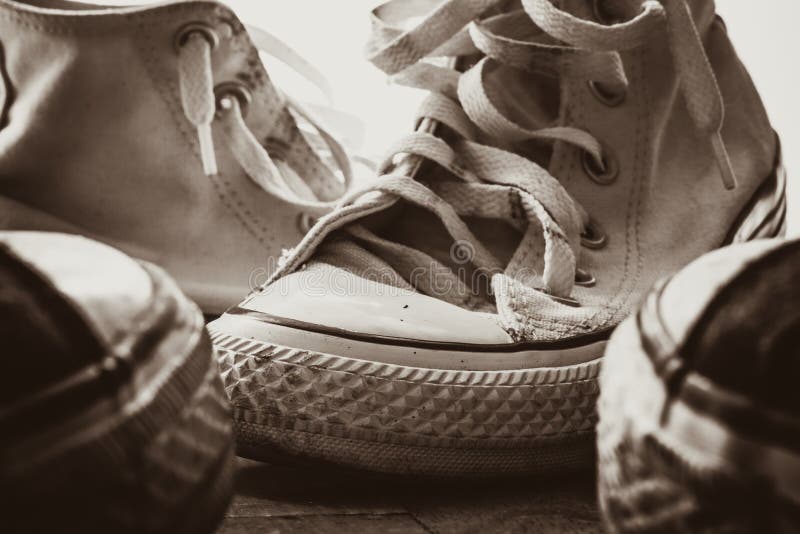 Old Shoes on Brown Wood Background Stock Image - Image of color ...