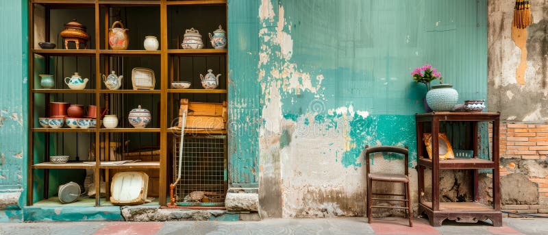 Old Shop with a Lot of Pottery on Display, Rough and Cracked Wall Stock ...