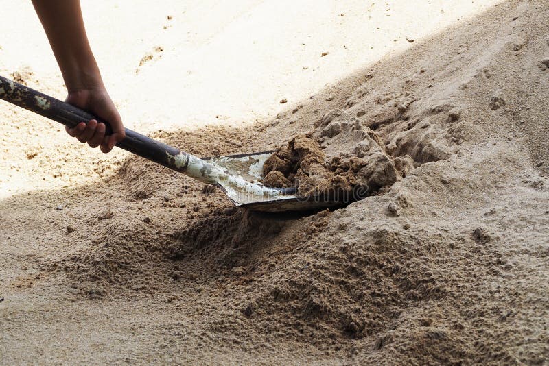 Old Shovel in Sand for Construction Stock Image - Image of site, hand ...