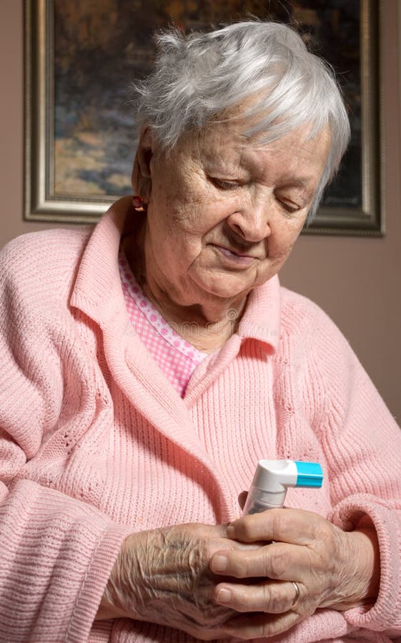 Old Sick Woman with Asthma Inhaler Stock Photo - Image of nursing ...