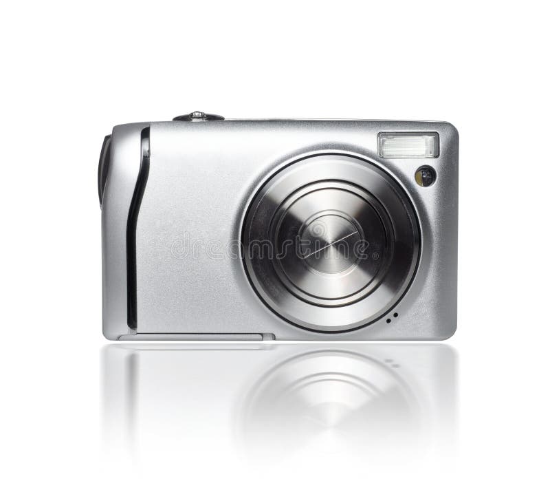 Old Silver Compact Digital Camera Close Up on a White Background Stock ...