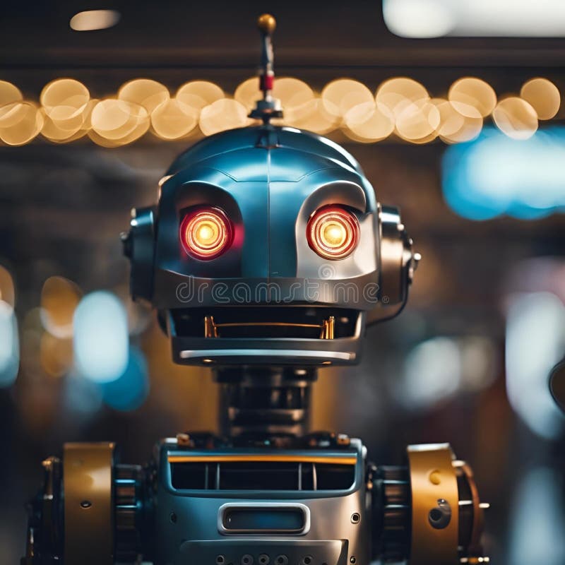 An Old Silver Robot that Has Some Lights in the Background Stock ...