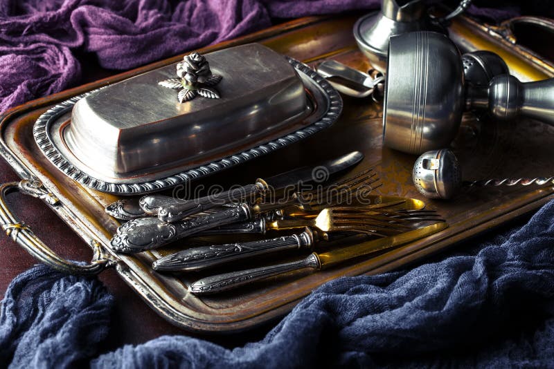Old silver ware stock image. Image of objects, group - 110620185