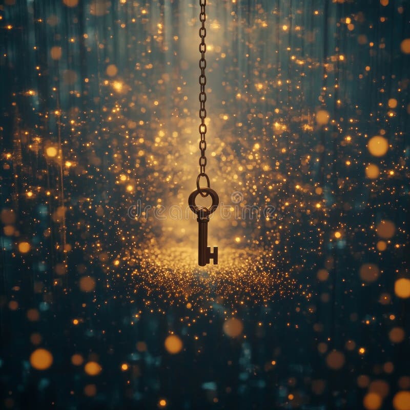 An Old Skeleton Key Hangs from a Chain Set Against a Dark Backdrop with ...